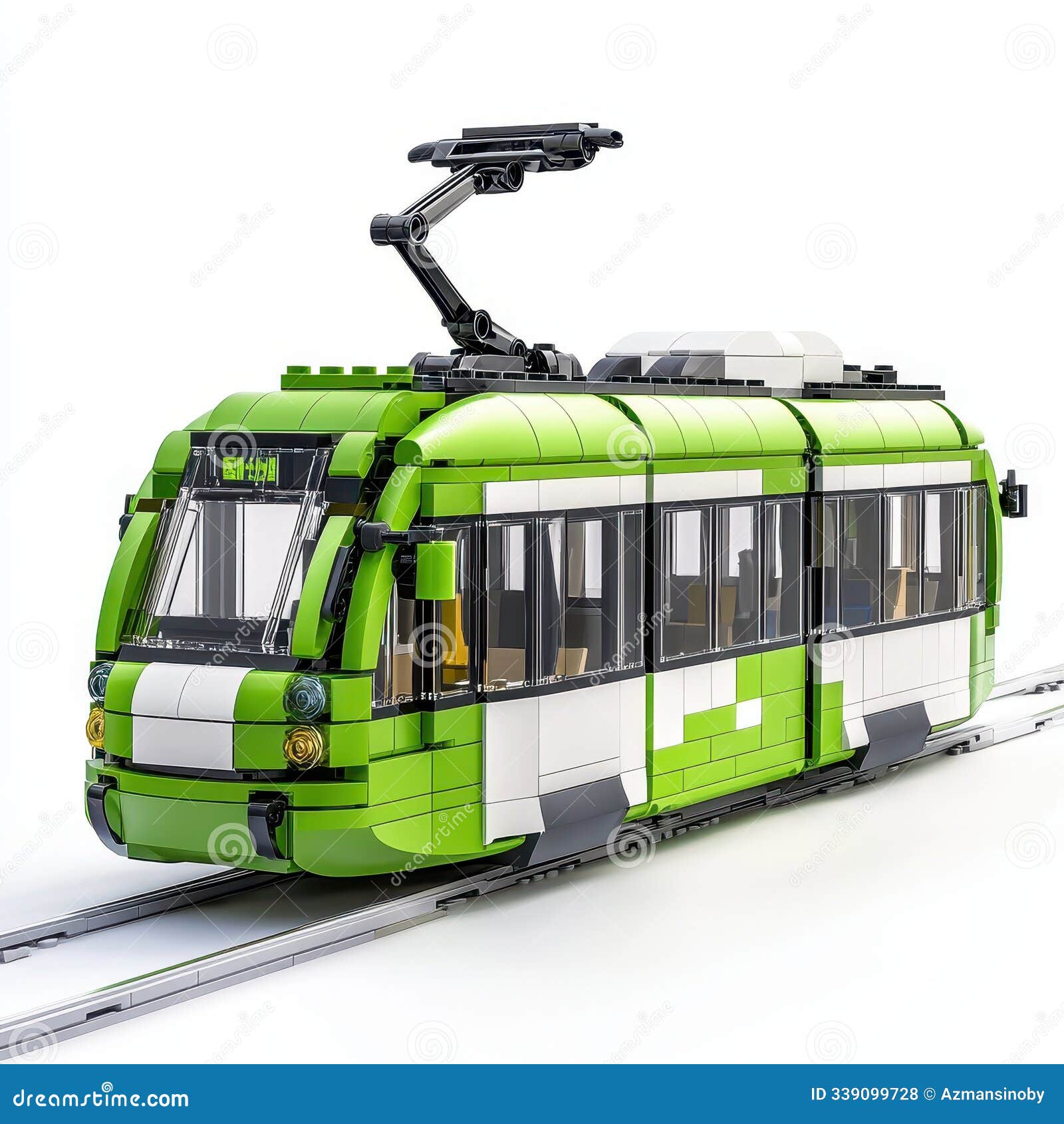 A Green and White LEGO Tram Model Designed for Play and Display Stock ...