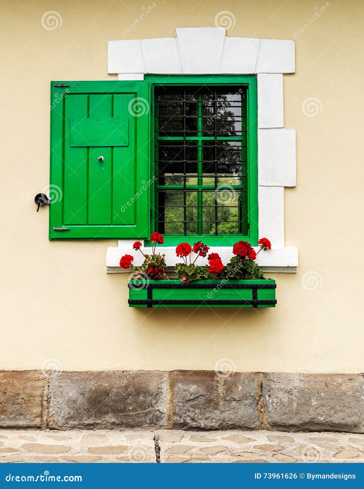 Green Window with Flower Box and Shutters Stock Photo - Image of ...