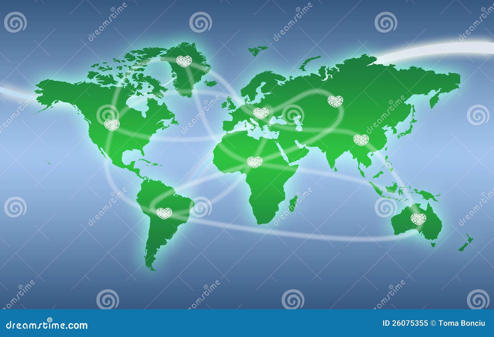 Green World Map with Heart Connections Stock Illustration ...