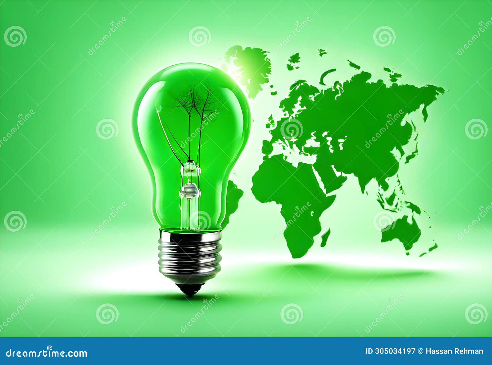 Green World Map on the Light Bulb with Green Background Stock ...