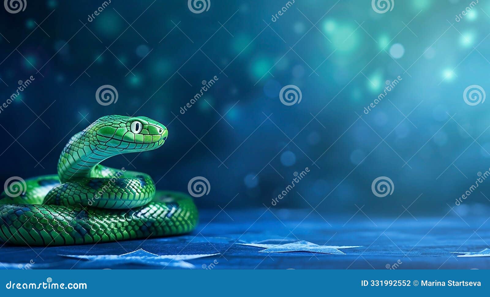 A Green Writhing Snake on Festive Blue Background with Bright Bokeh ...