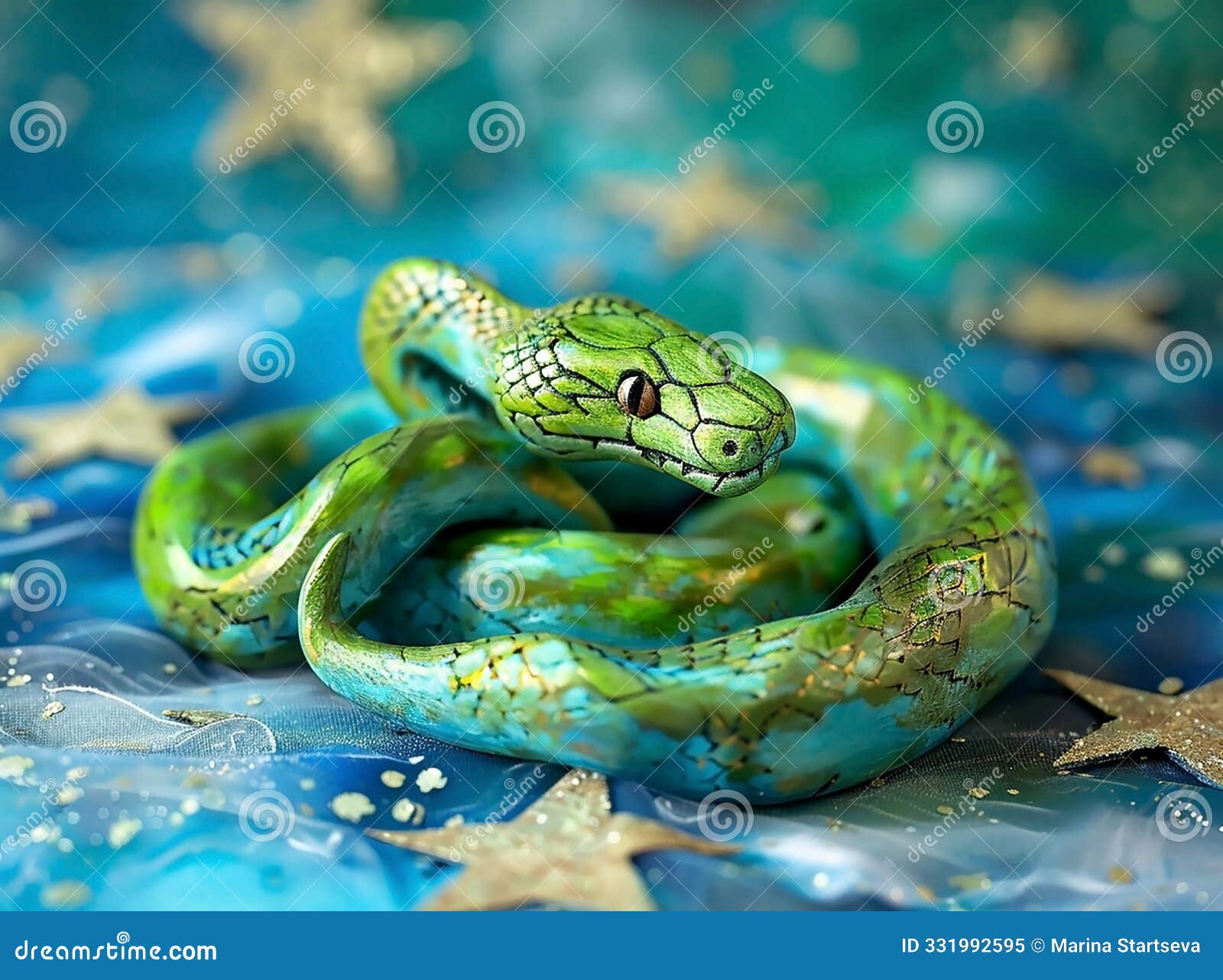 A Green Writhing Snake on Festive Blue Background with Bright Bokeh ...
