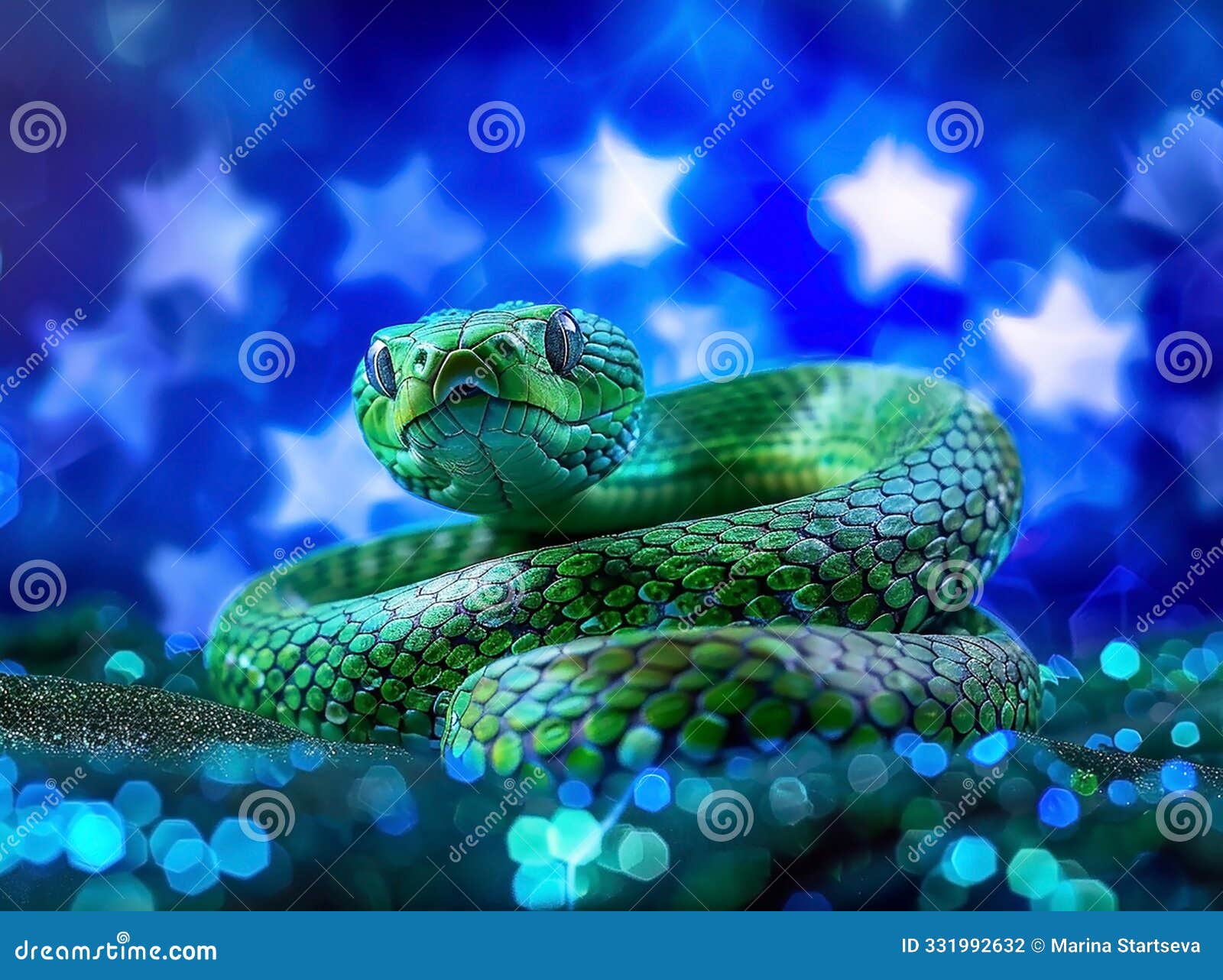 A Green Writhing Snake on Festive Blue Background with Bright Bokeh ...