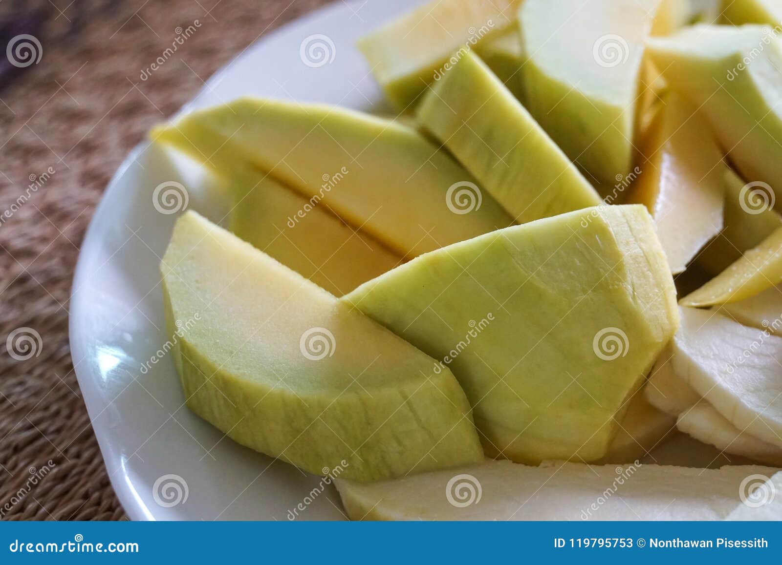 Green Yellow Crispy Mango Sliced in a White Plate Stock Image - Image ...