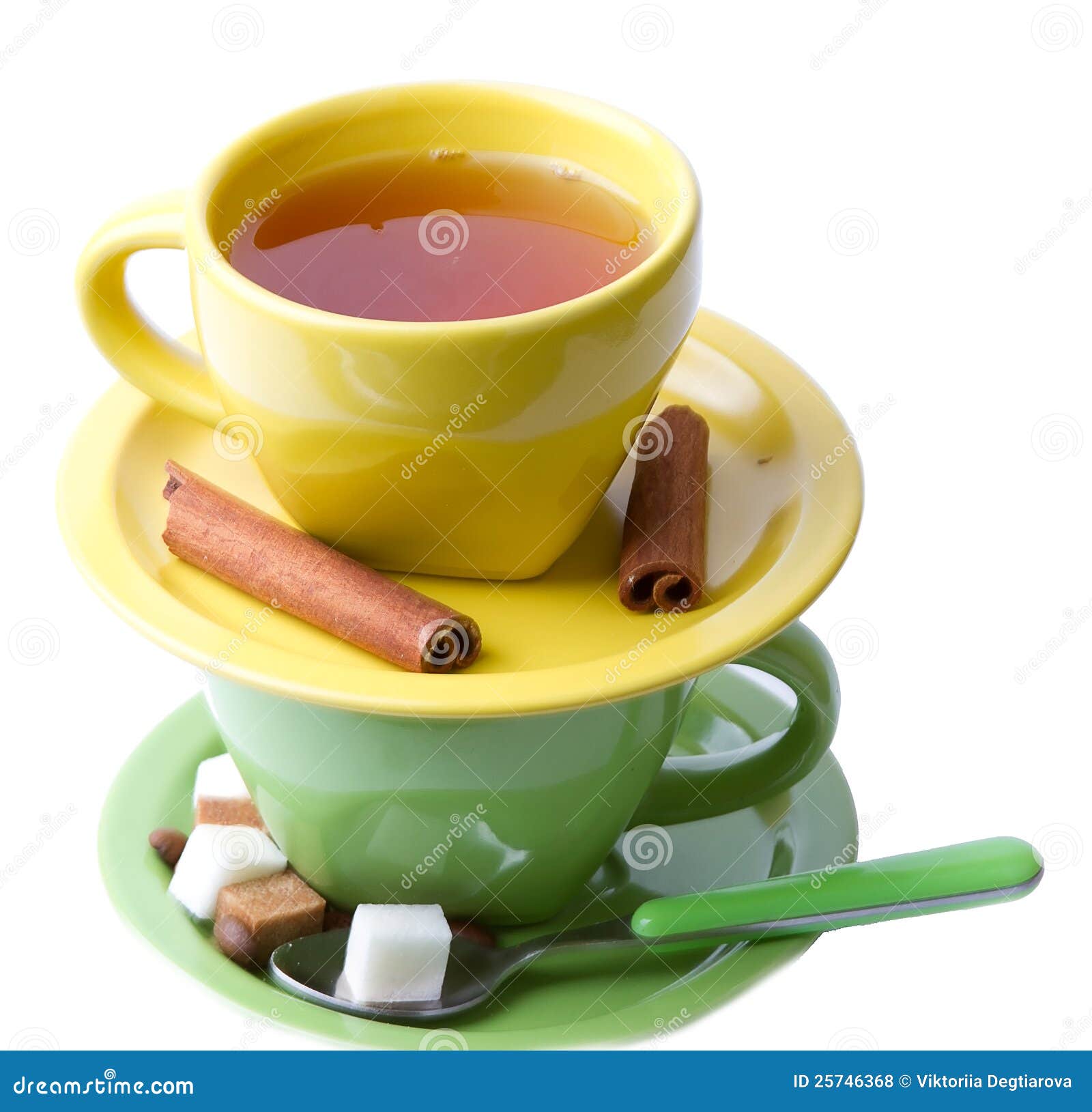 Green and Yellow Cups of Tea, Cinnamon Stock Photo - Image of cups ...