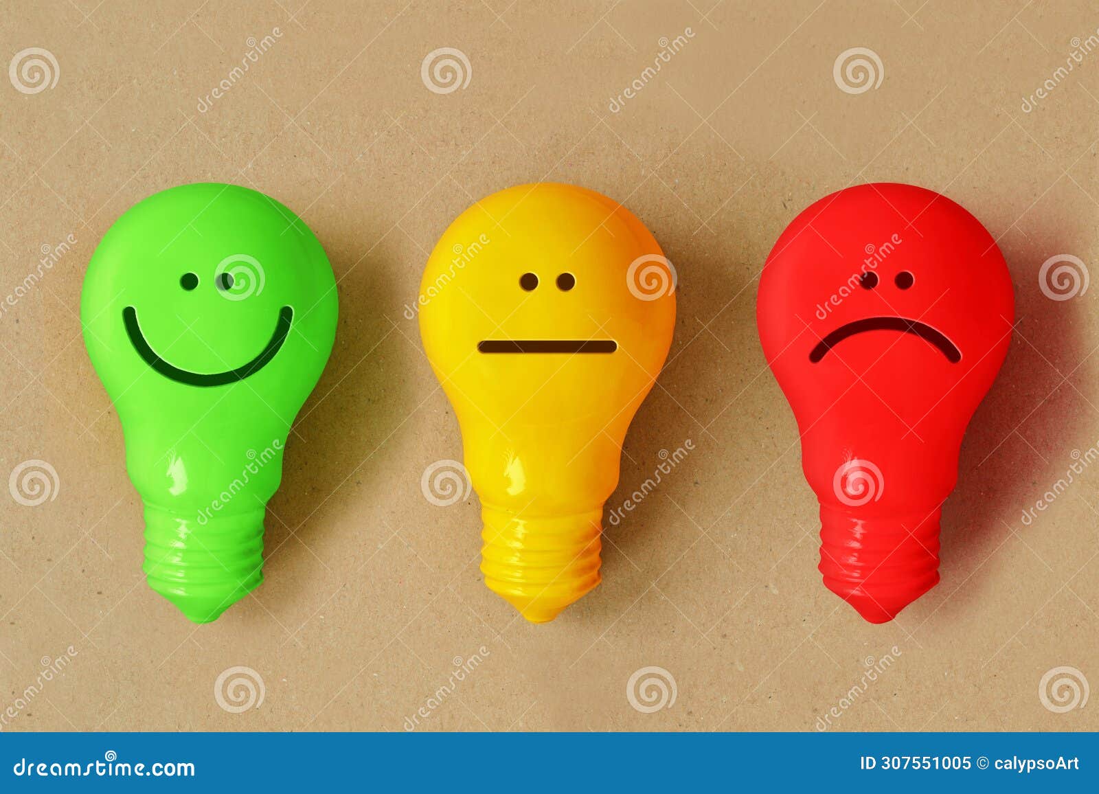Green, Yellow and Red Light Bulb with Different Facial Expressions ...