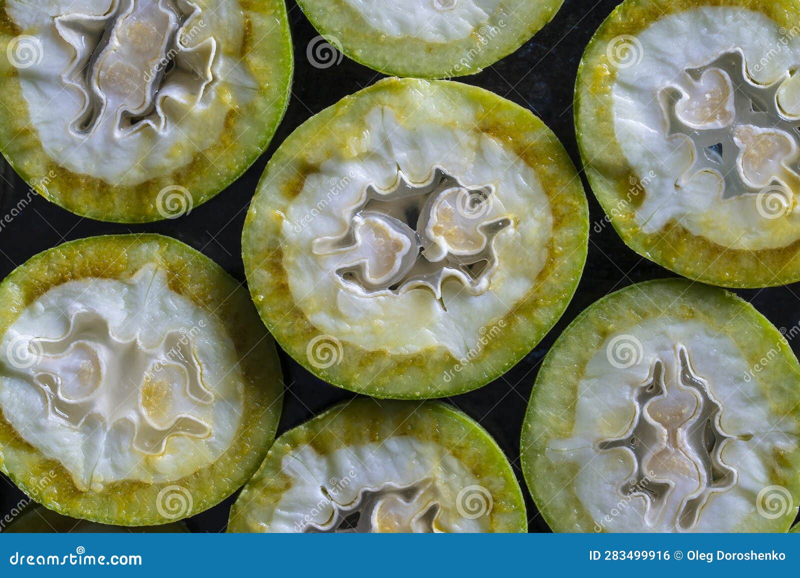 Green Young Walnuts Cut in Half, Texture or Background, Macro, Top View ...