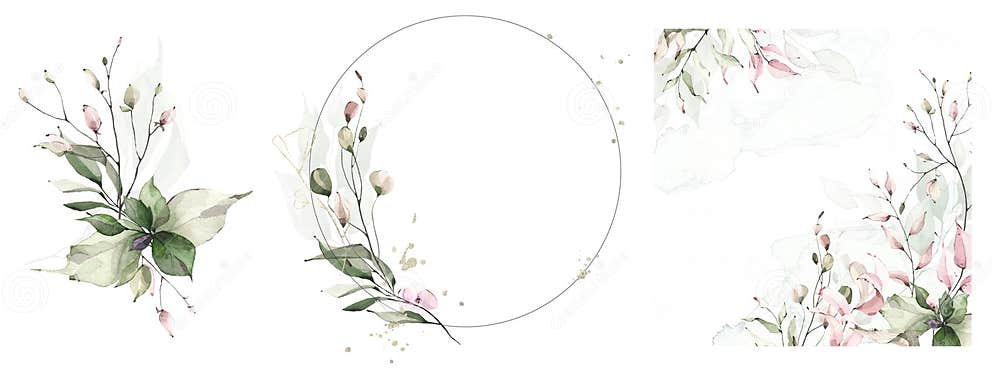 Greenery Frame Watercolor Painted Set. Templates with Branches, Green ... Greenery Frame Watercolor Painted Set. Templates with Branches, Green ...