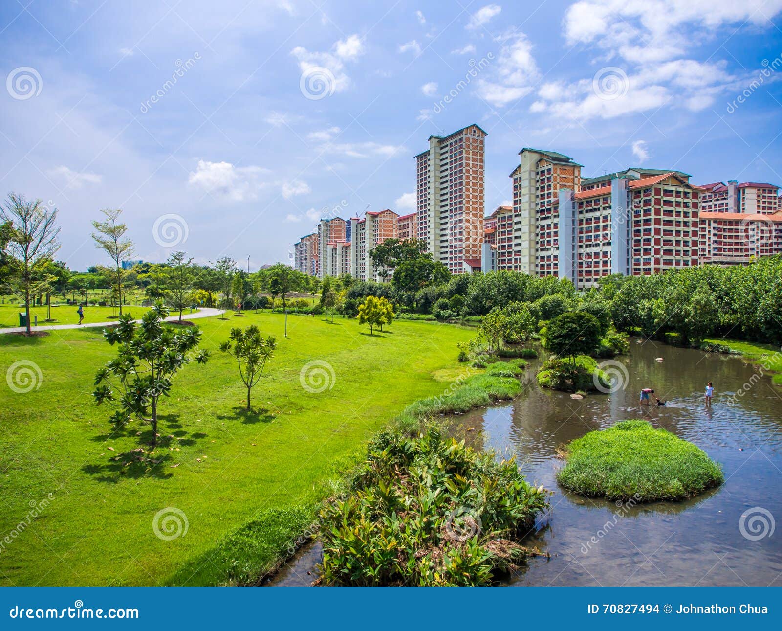 Greenery Park with River in an Urban Environment Landscape Stock Photo ...