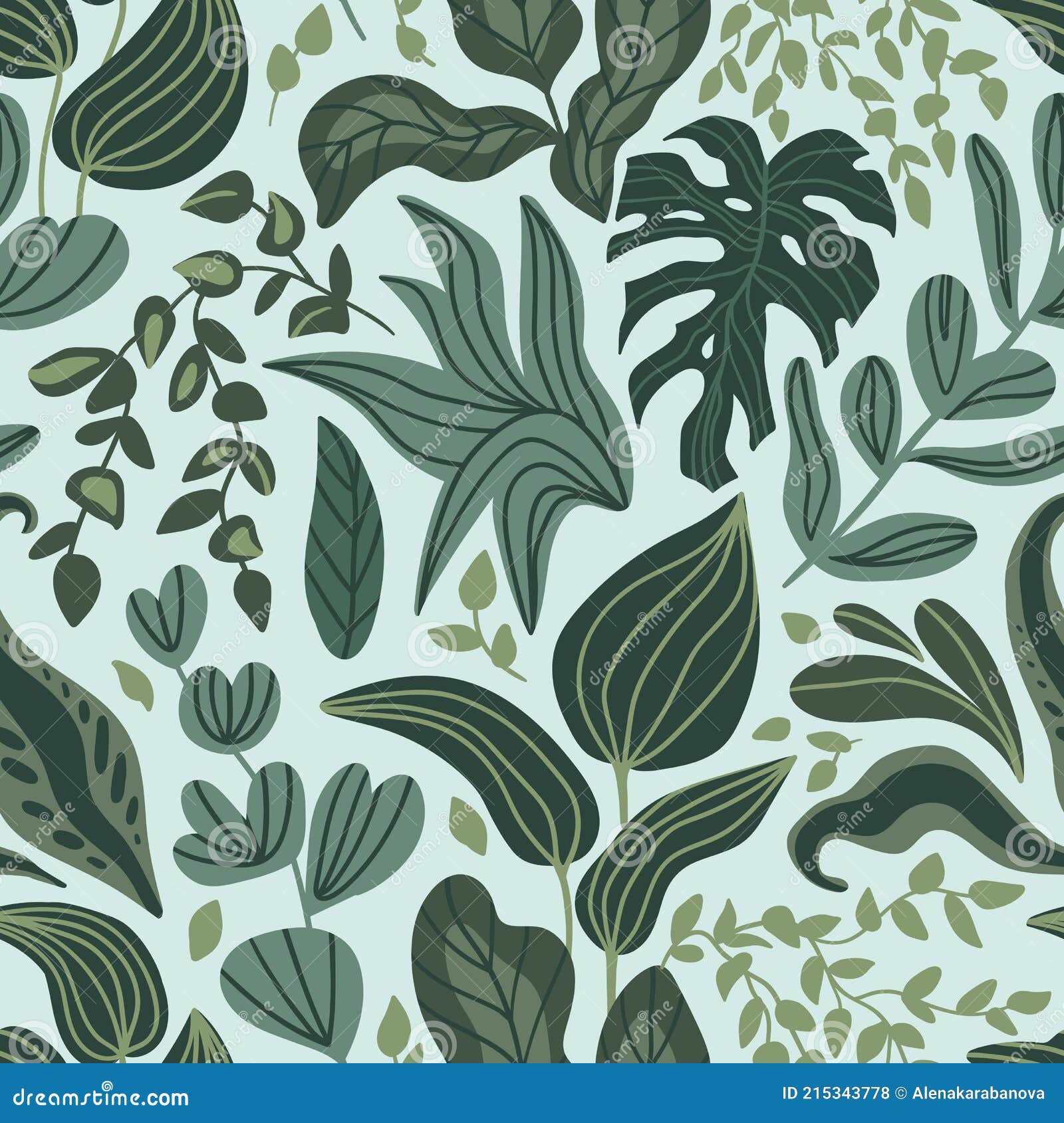 Greenery Seamless Pattern in Hand-drawn Style. Vector Repeating ...