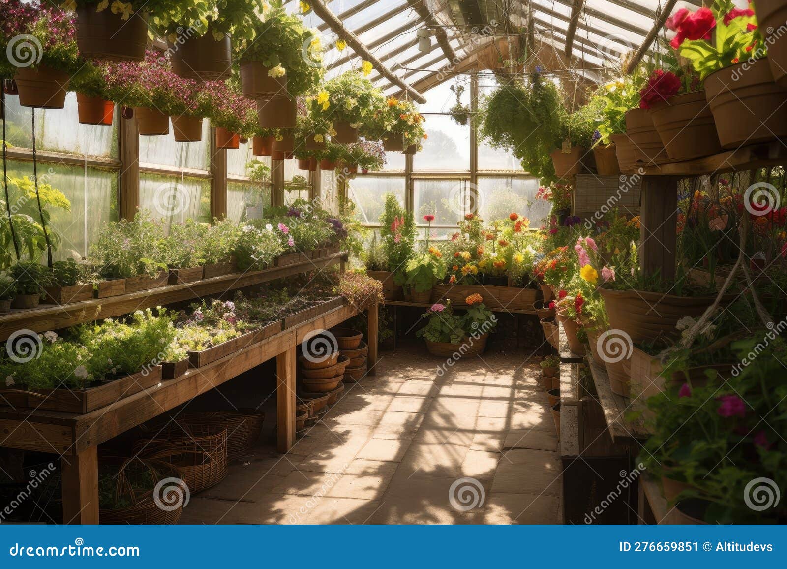 A Greenhouse with Hanging Baskets Overflowing with Plants Stock Image ...