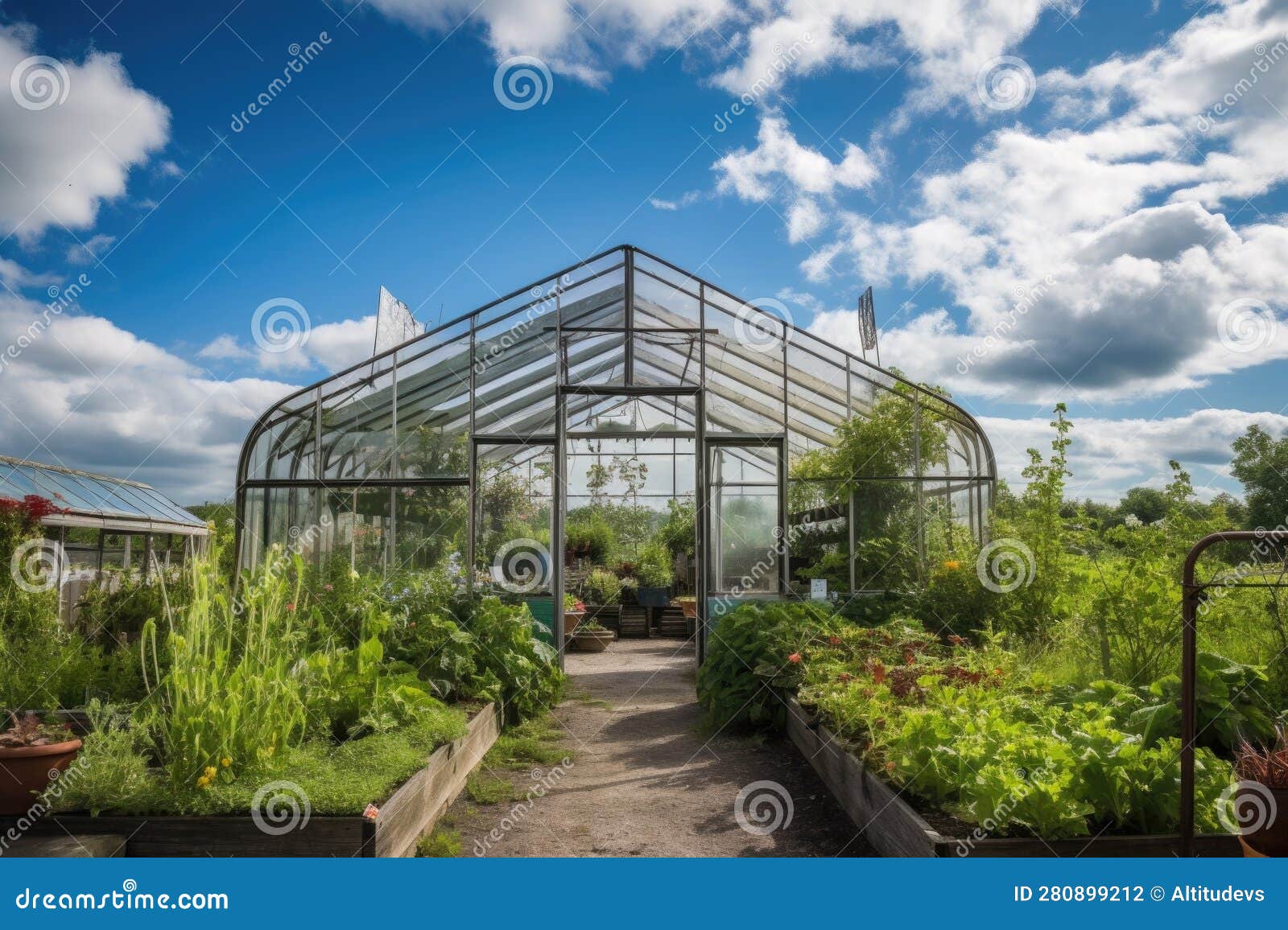 Greenhouse with View of Blue Sky and Clouds Stock Photo - Image of ...