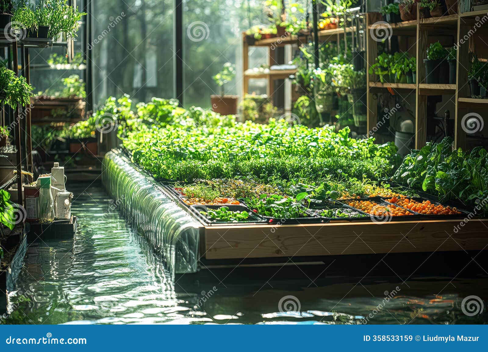 Greenhouse with a Water Feature and Plants Stock Image - Image of ...