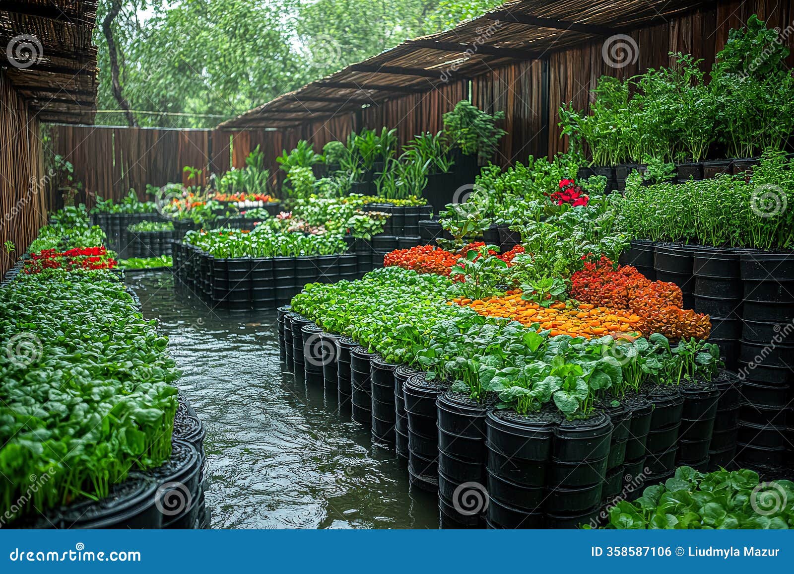 Greenhouse with a Water Feature and Plants. Stock Photo - Image of ...