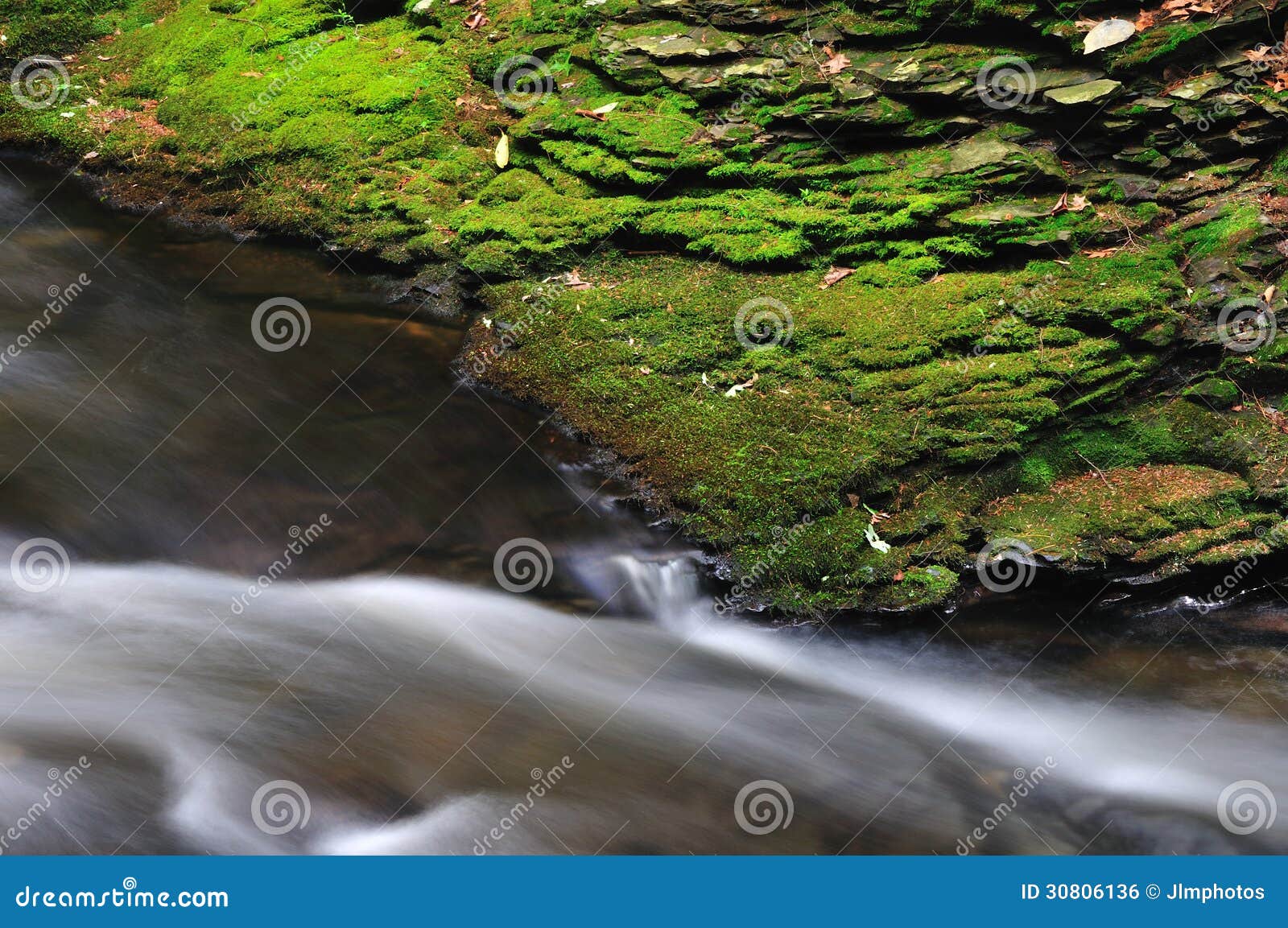 Grees Moss Covered Rock Ledge Over a Flowing Brook Stock Photo - Image ...