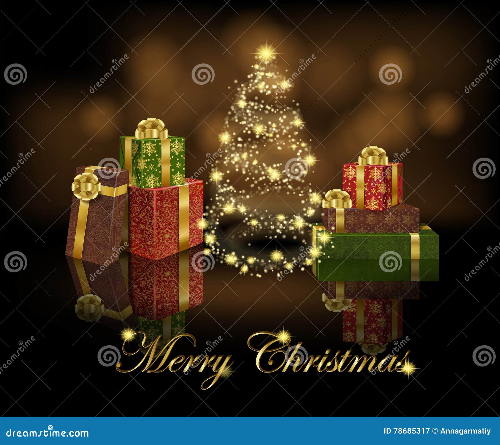 Greeting Banner with Stylized Sparkling Christmas Tree and Gift Stock ...