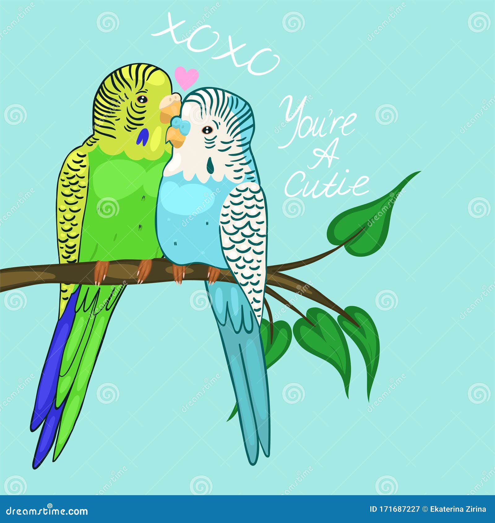Greeting Card with Budgies in Love. Blue and Green Budgies. Vector ...