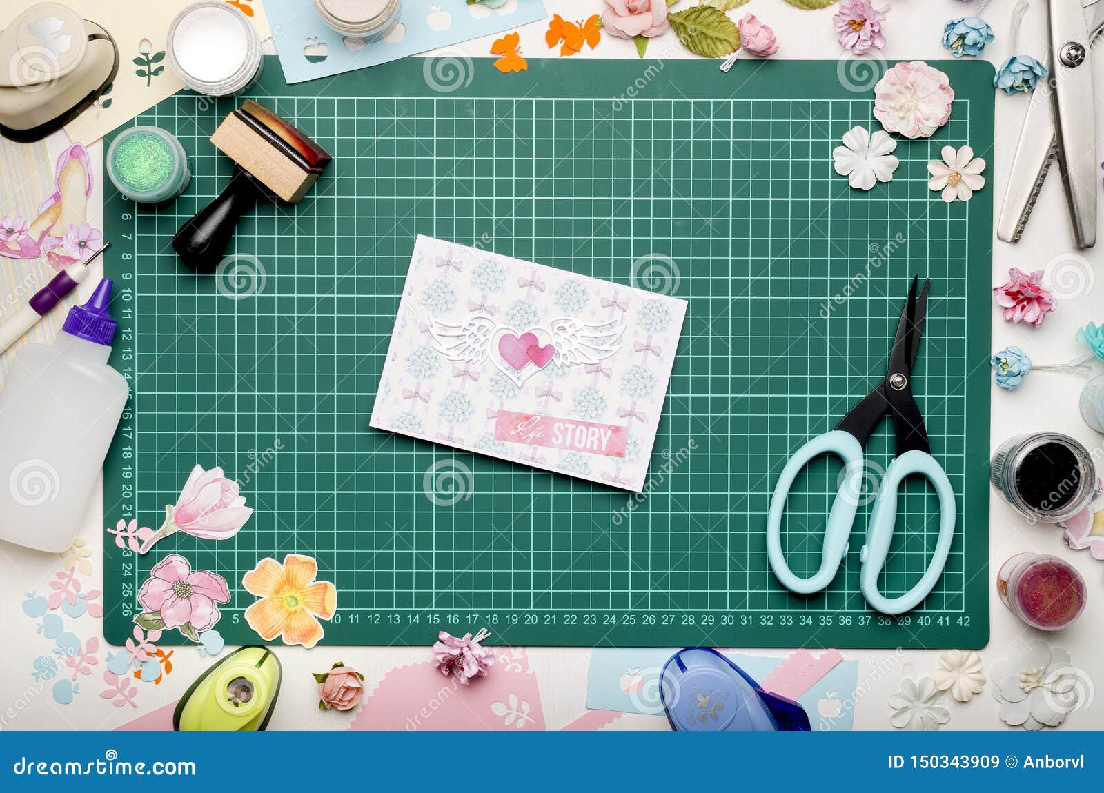 Greeting Card on Green Cutting Mat, Scrapbooking Tools and Materials ...