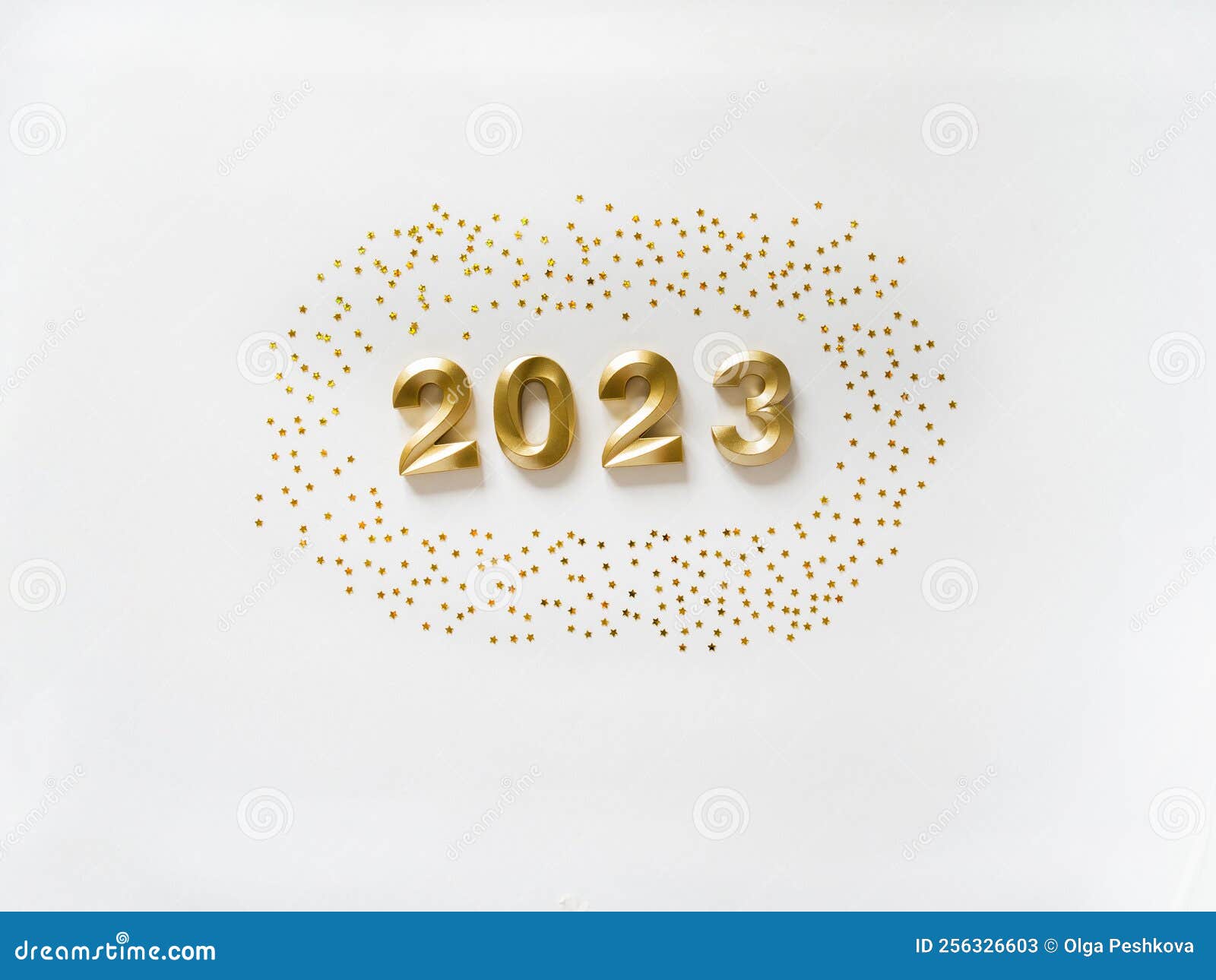 Greeting Card Happy New Year With Numbers 2023 And Gold Glitter On White Background Stock
