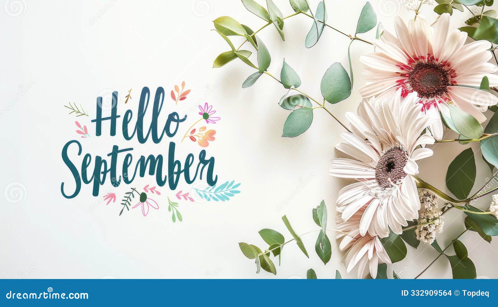 Greeting Card with Hello September Text and Flowers on White Background ...