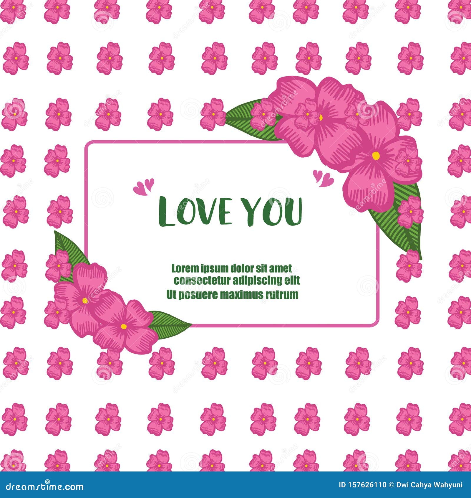 Greeting Card Love You With Element Design Pink Flower Frame Vector