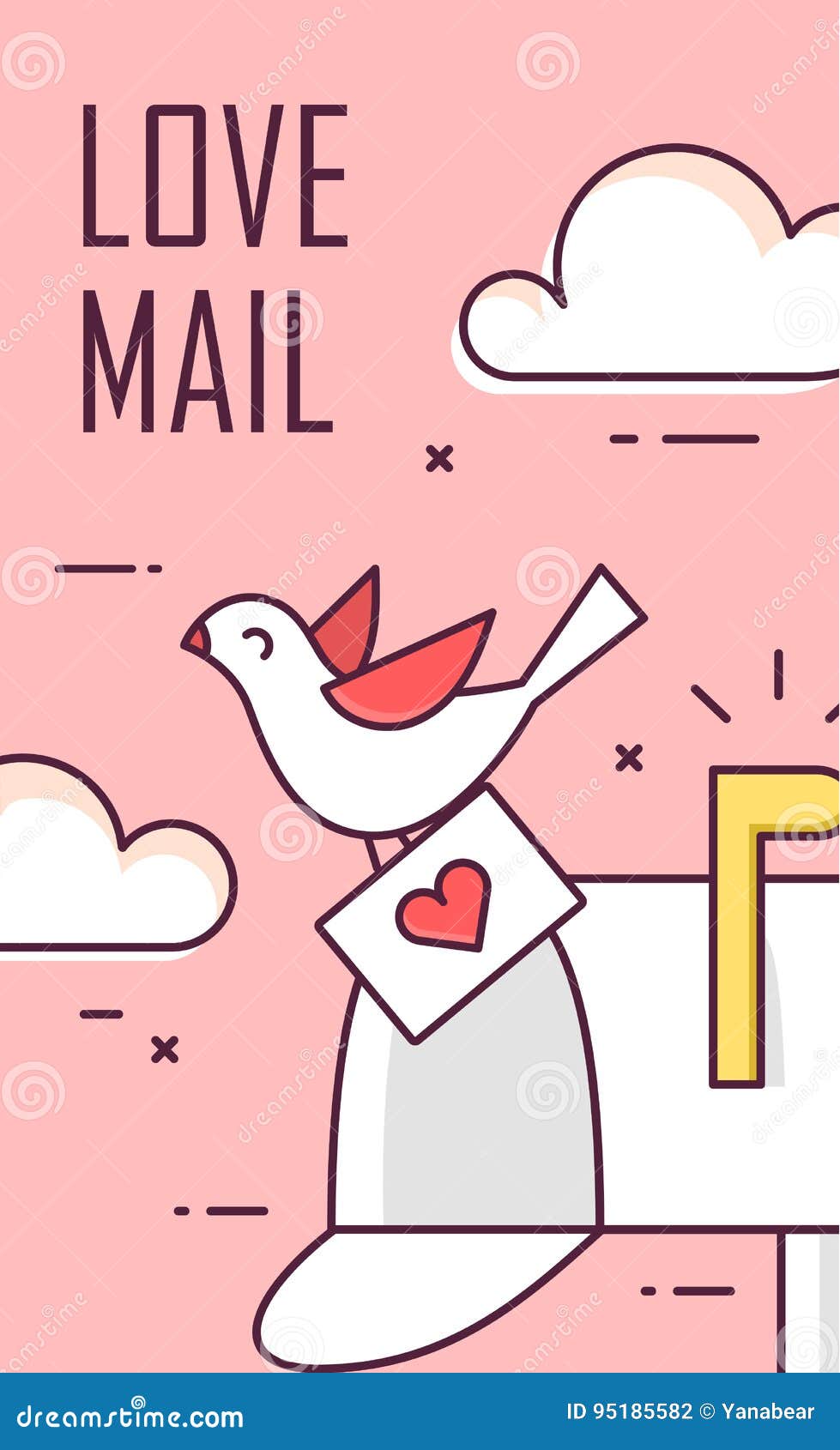 Greeting Card with Mailbox, Dove and Envelope. Thin Line Flat Design ...