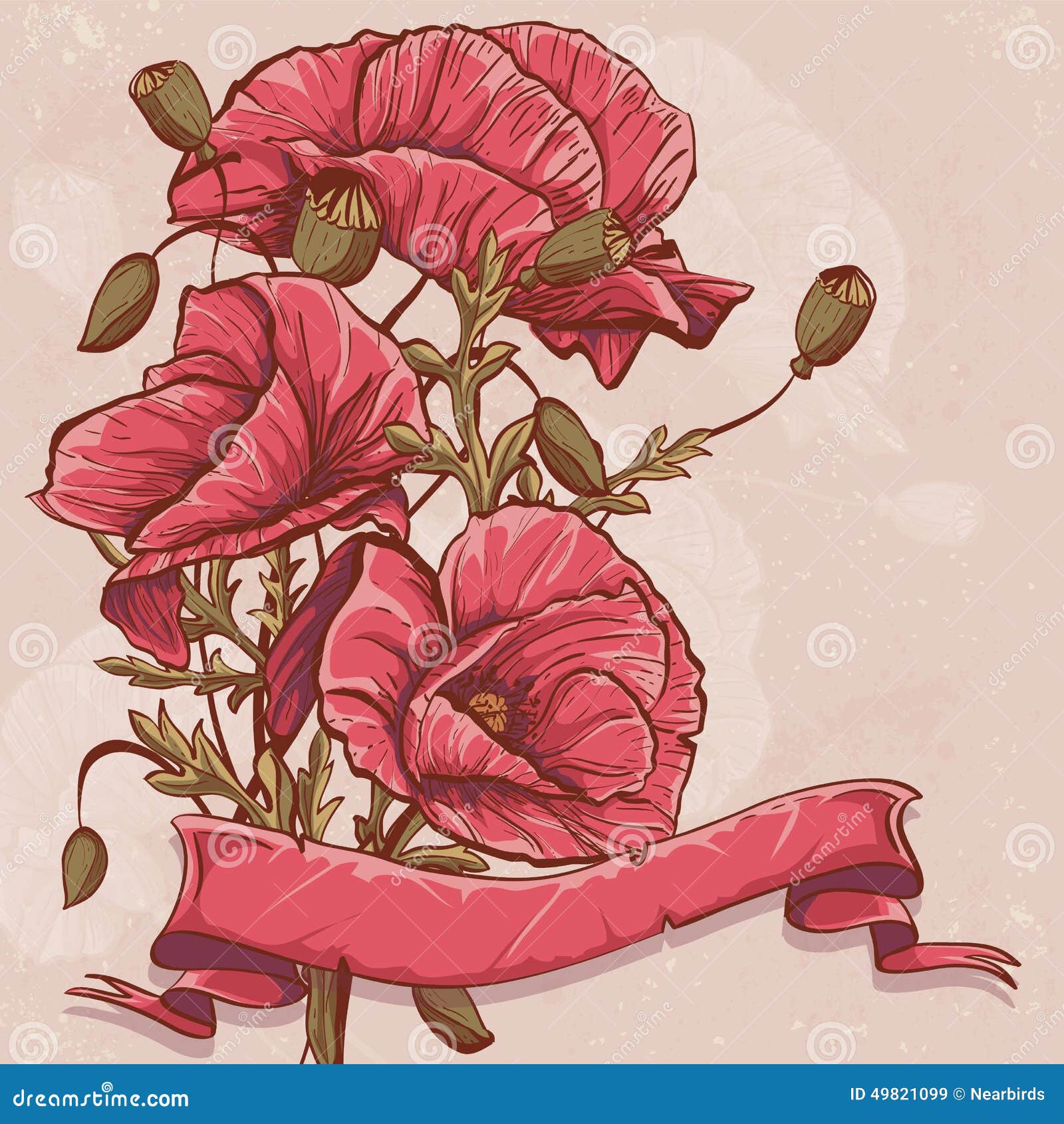 Card With Poppies Outline Hand Drawing Coloring Page For Adult C ...