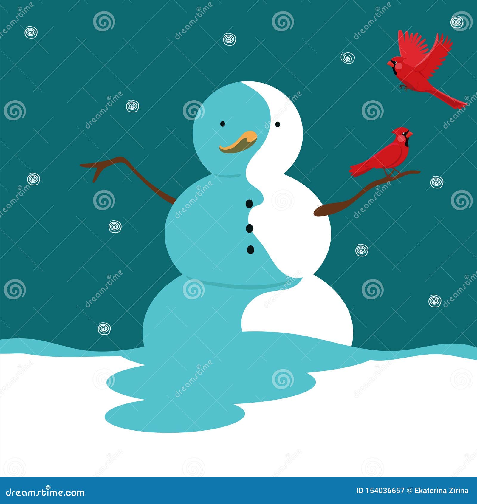 Greeting Card with a Snowman and a Red Cardinal Bird. Vector Graphics ...
