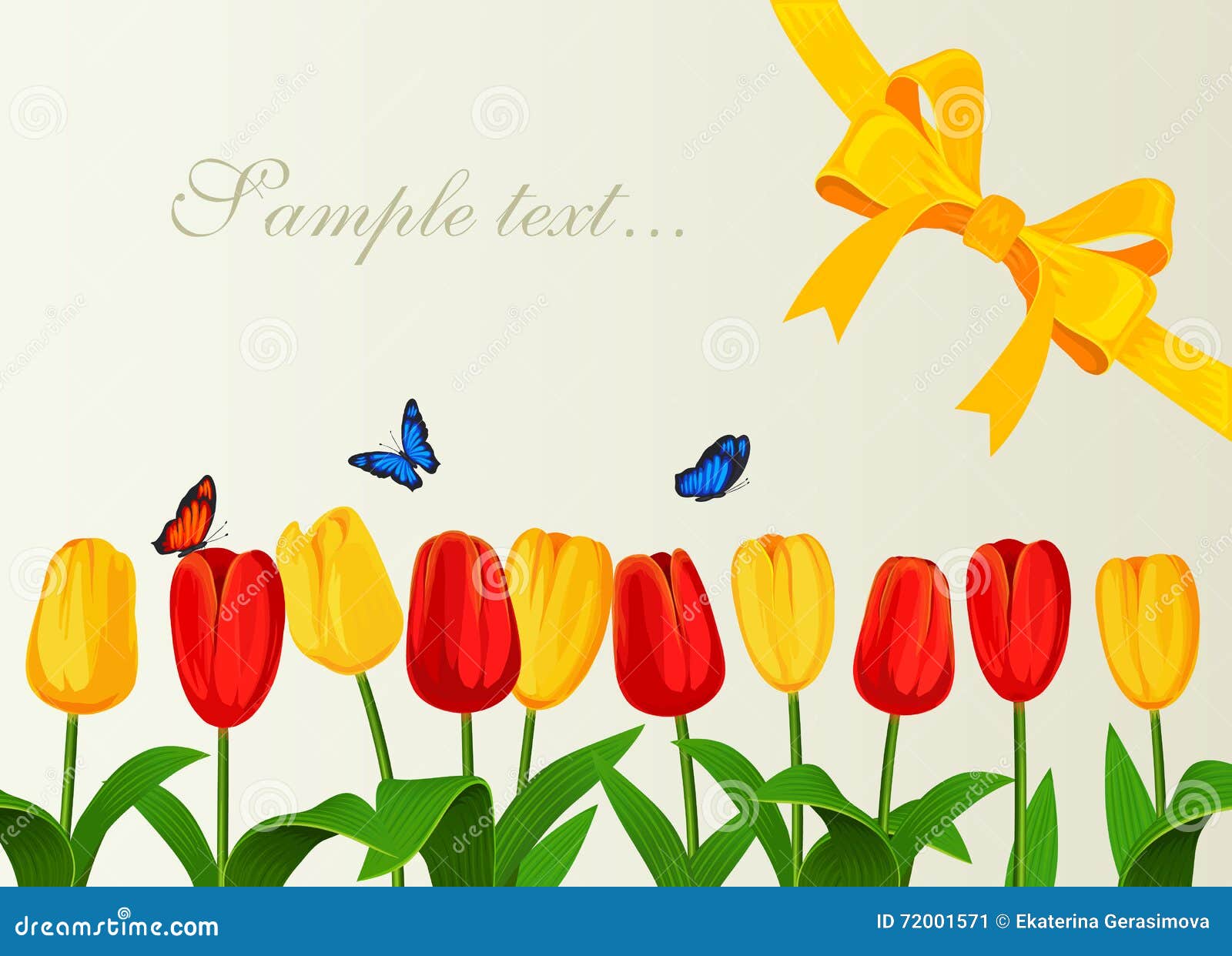 Greeting Card with Spring Tulips and Yelow Bow. Vector Illustration Stock Vector - Illustration ...