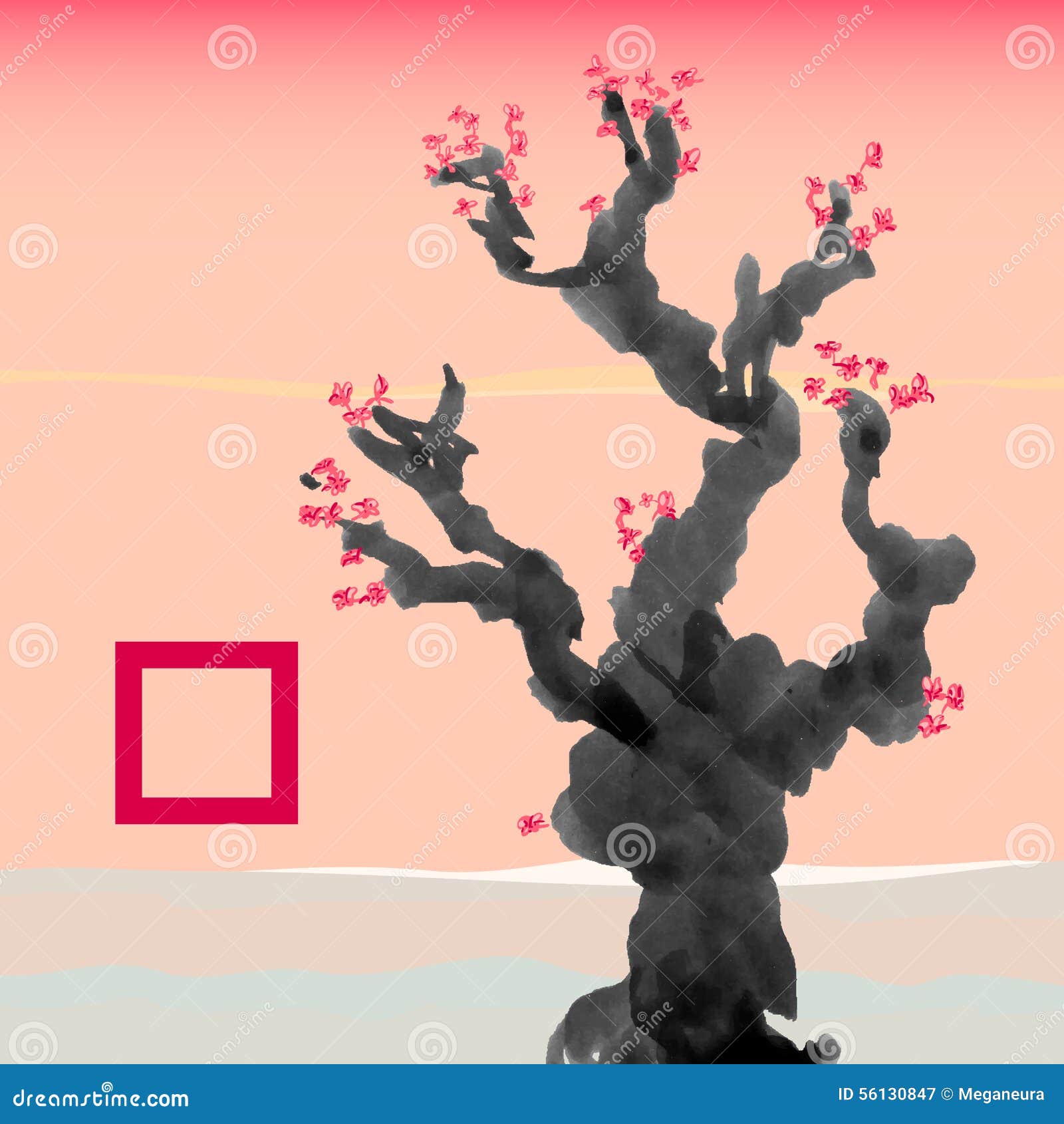 Greeting Card Template in Japanese Style. Blossoming Tree Stock Vector ...