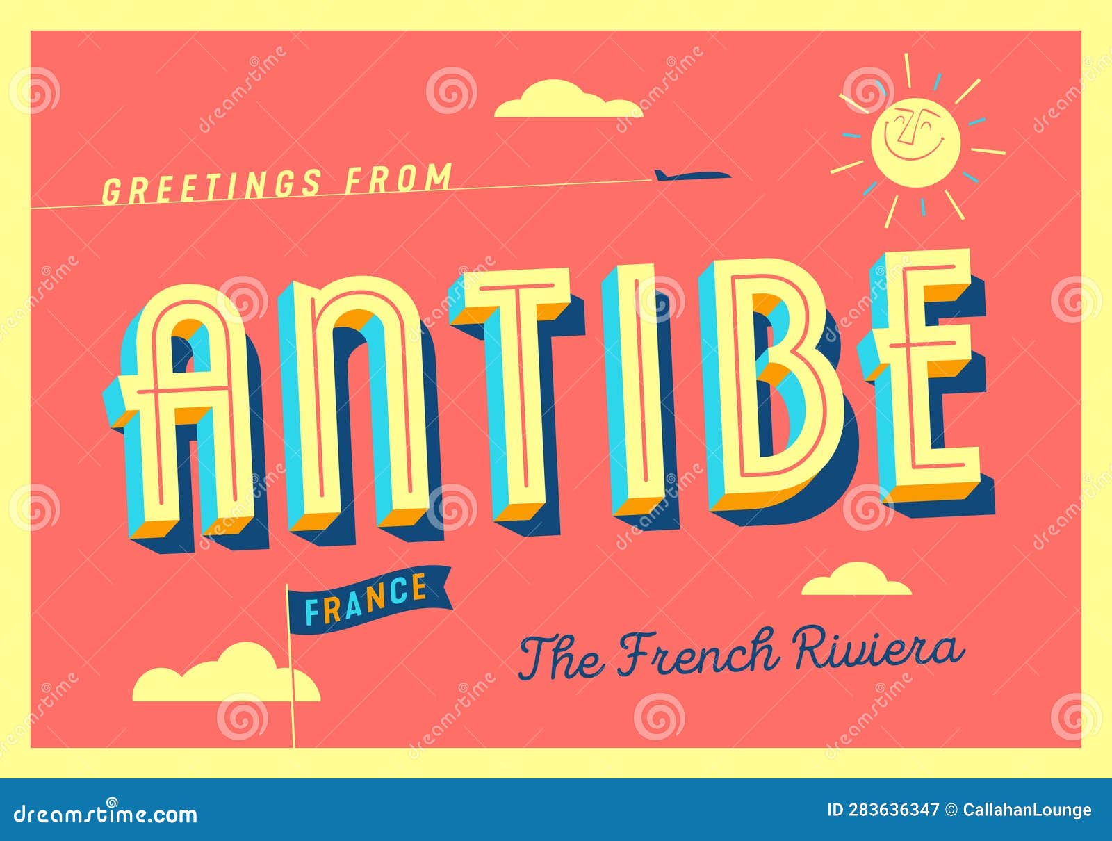 Greetings from Antibe, France Postcard. Stock Vector - Illustration of ...