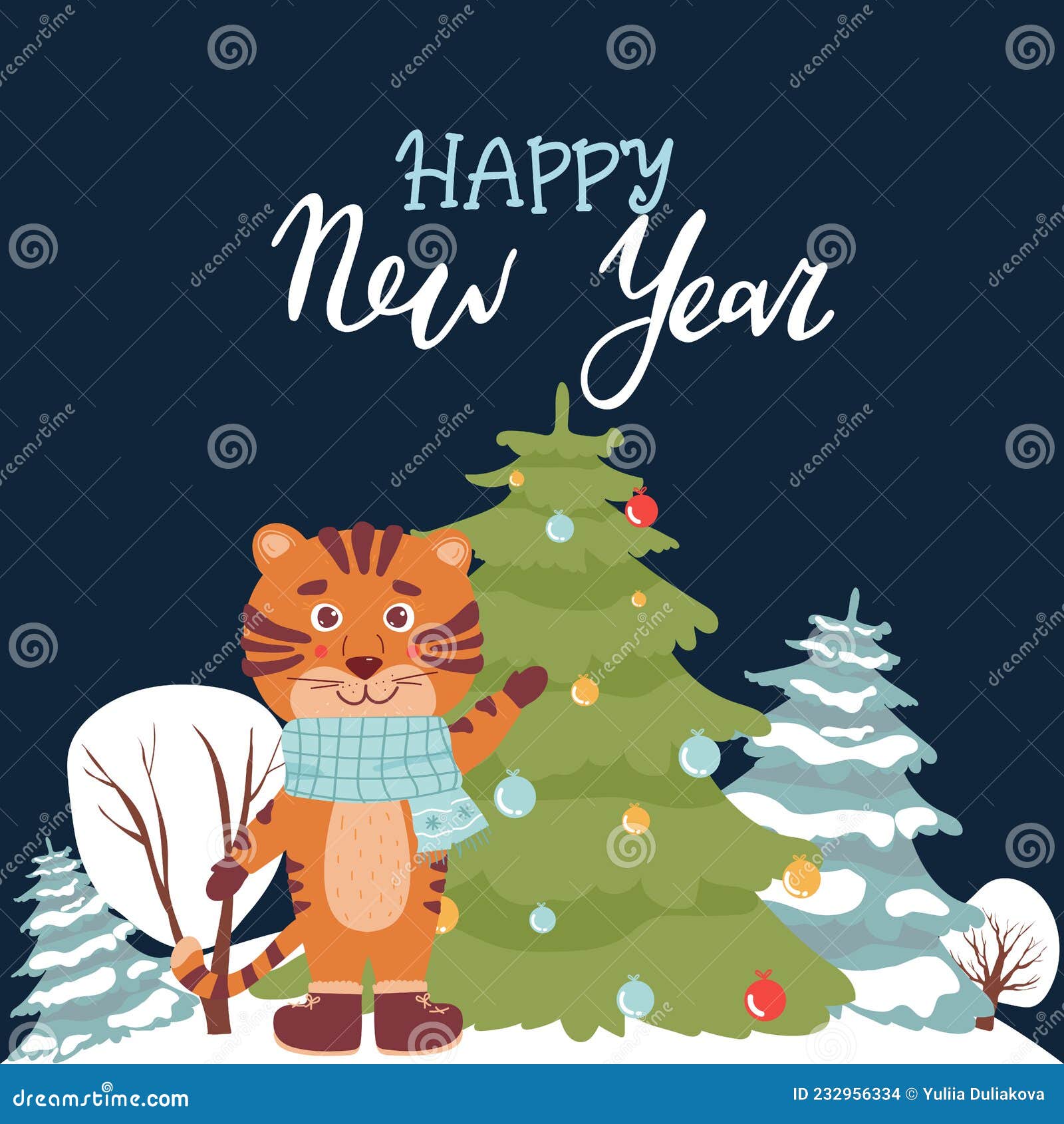 Greeting Christmas Cards with Tigers. Tiger with a Christmas Tree ...