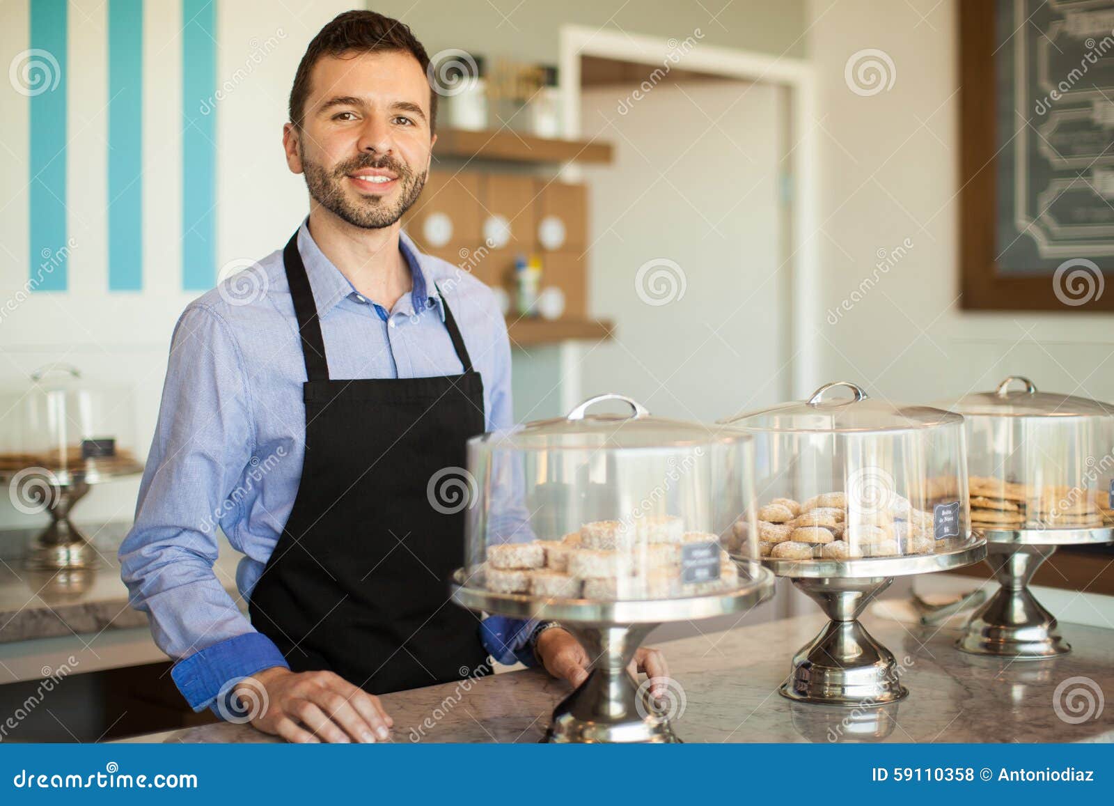 Greeting Customers into His Bakery Stock Photo - Image of cafeteria ...