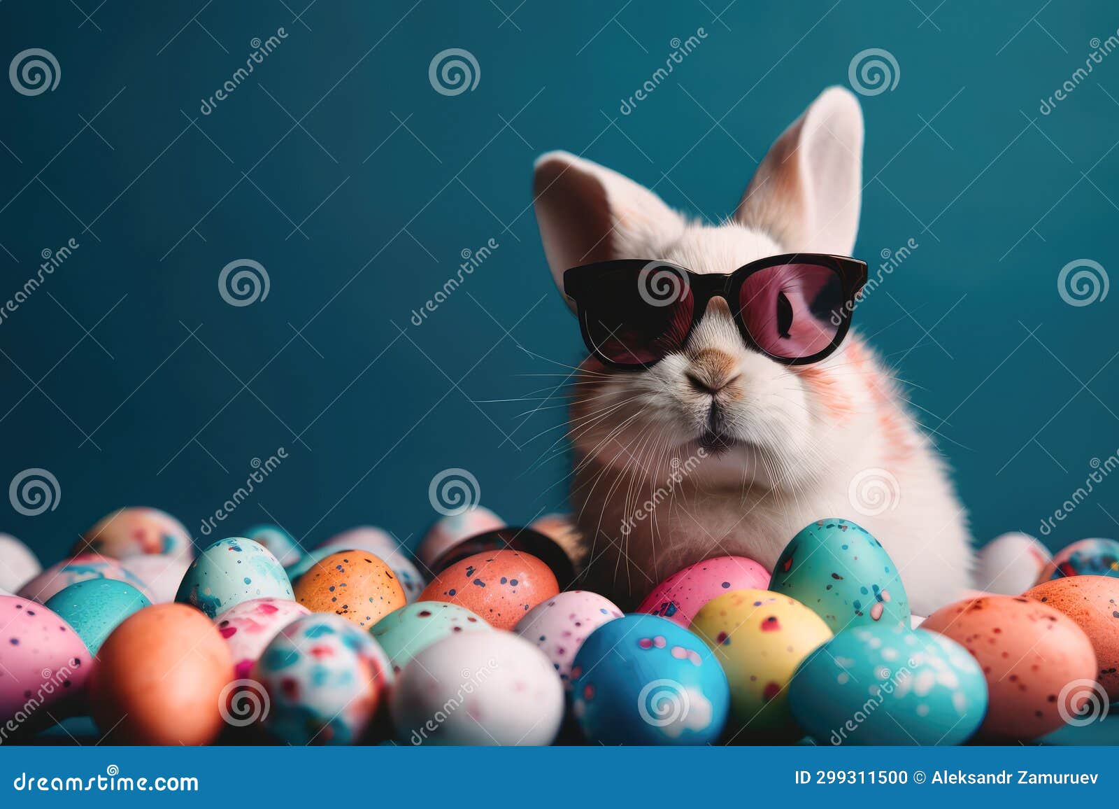 Greeting Easter Card with Cute Easter Bunny in Glasses and Colorful ...