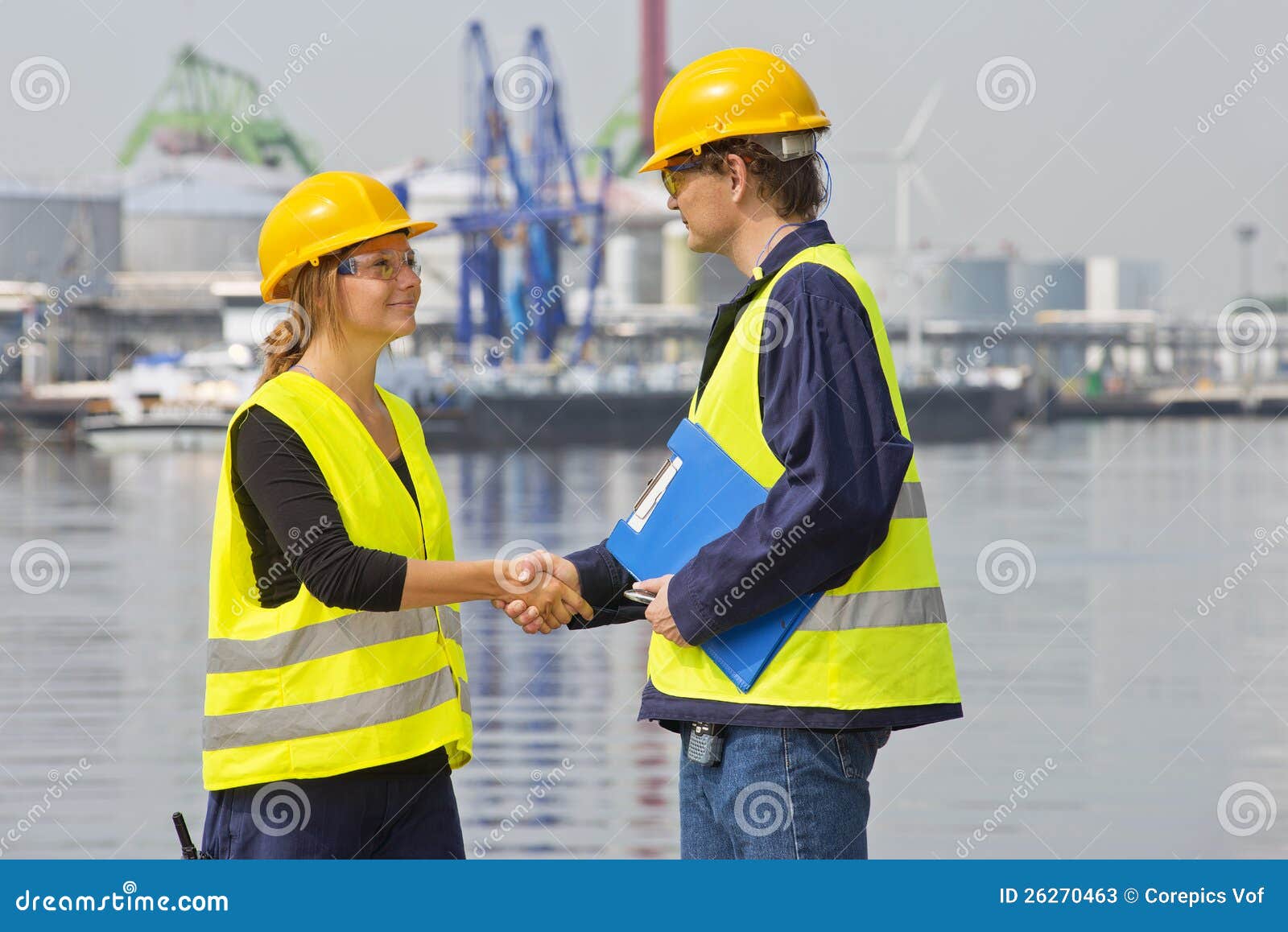 Greeting harbor workers stock image. Image of plugs, foreman - 26270463