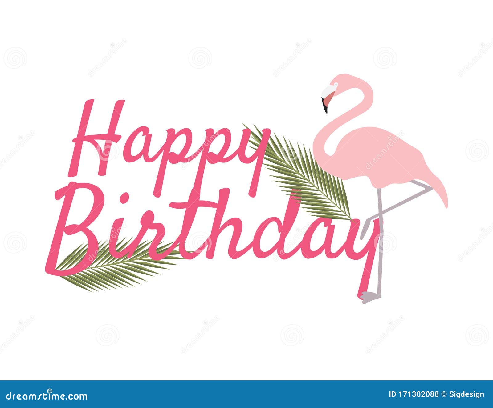 Happy Birthday Sign, Pink Flamingos and Text, Green Palm Leaves Stock ...