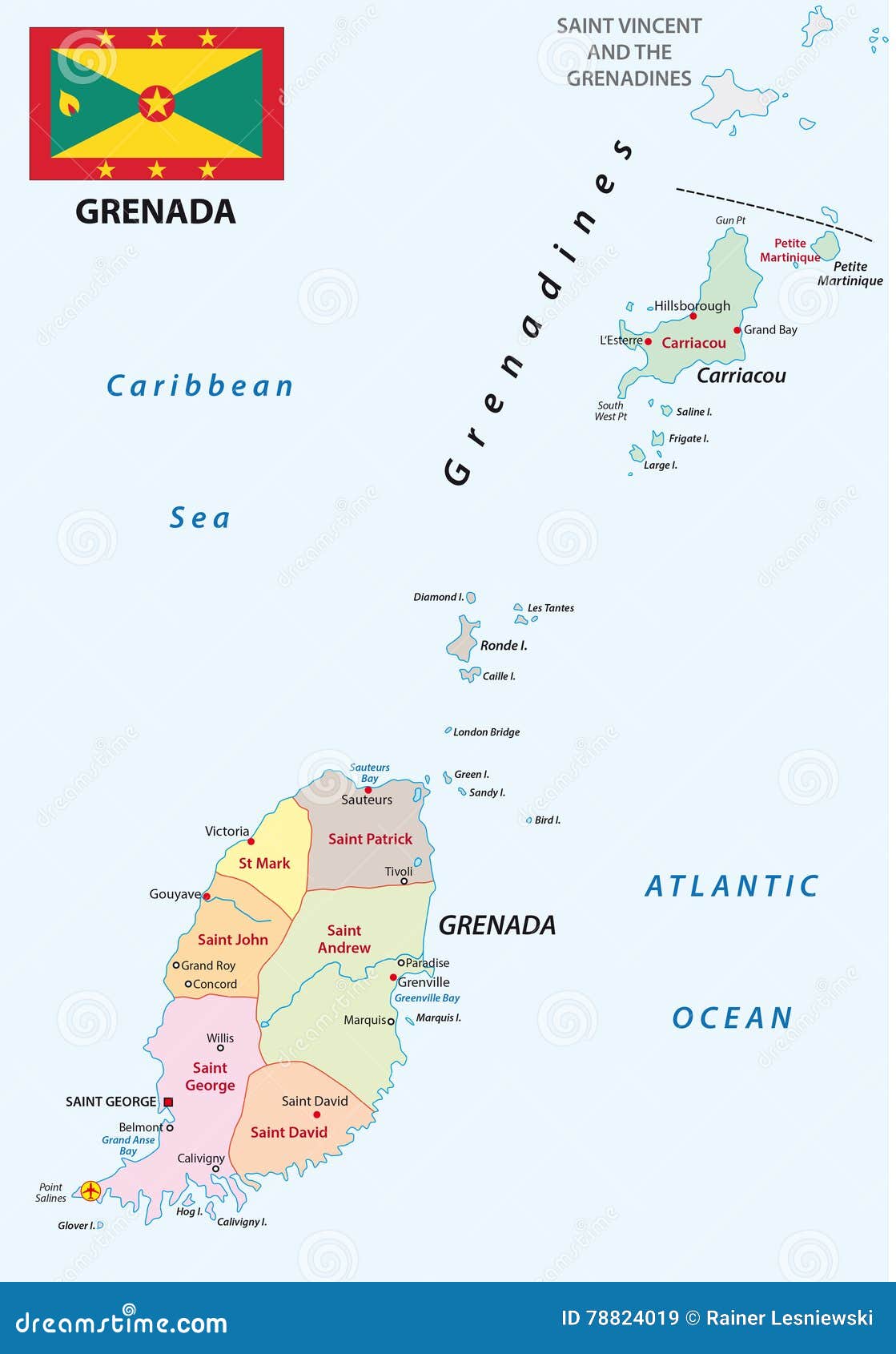 Grenada Administrative Map with Flag Stock Vector - Illustration of ...