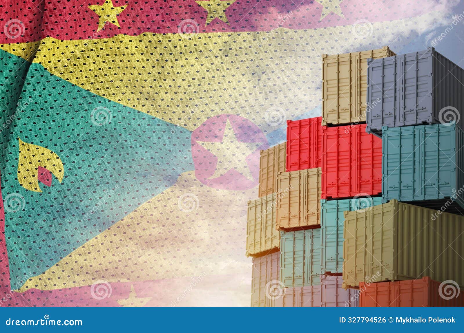 Grenada Flag and Big Stack of Shipping Cargo Containers in Docks with ...