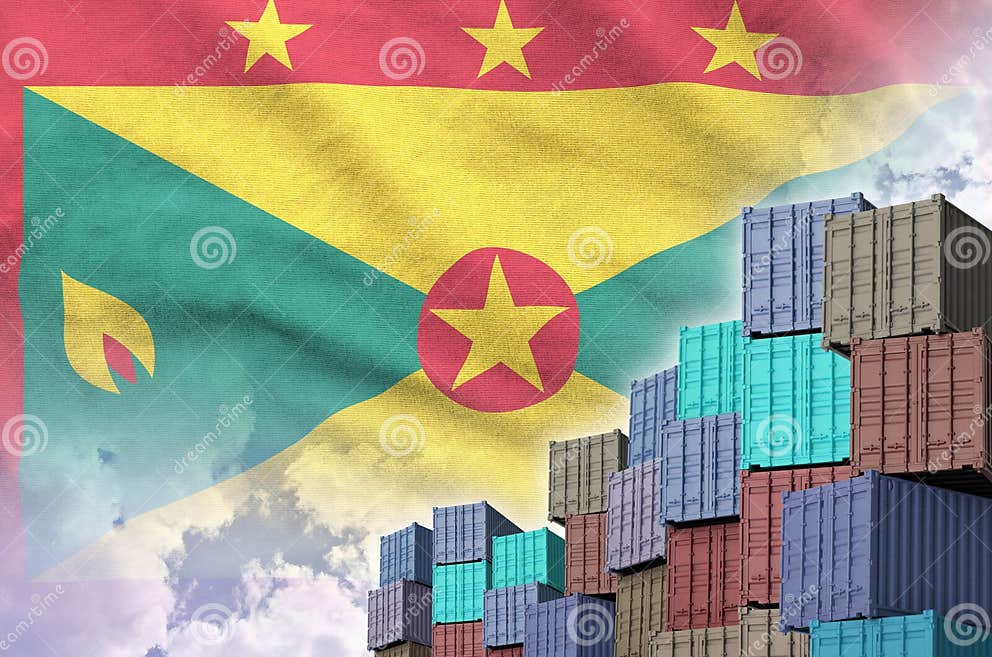 Grenada Flag and Big Stack of Shipping Cargo Containers in Docks with ...