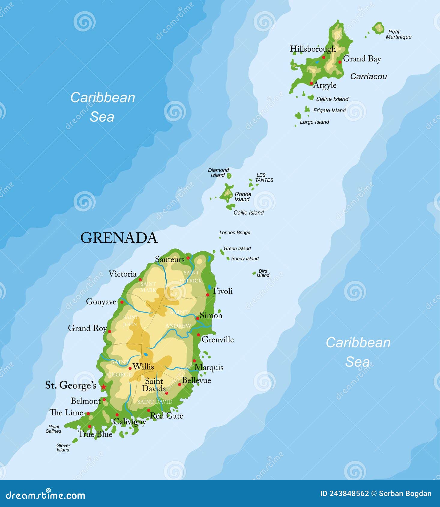 Ronde Island Grenada, Cenrtal America, Caribbean Islands Map Vector ...