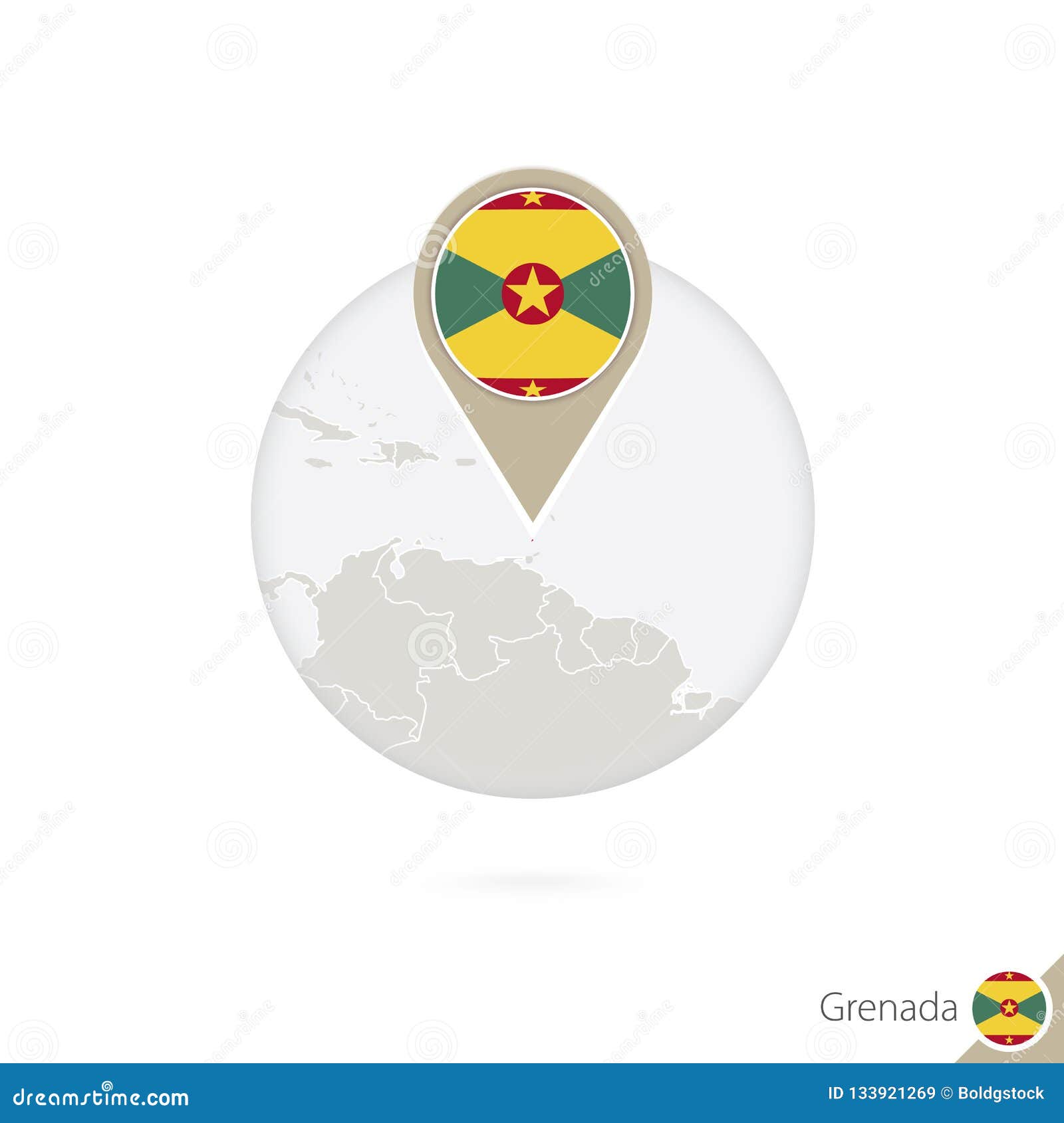Grenada Map and Flag in Circle. Map of Grenada, Grenada Flag Pin Stock ...