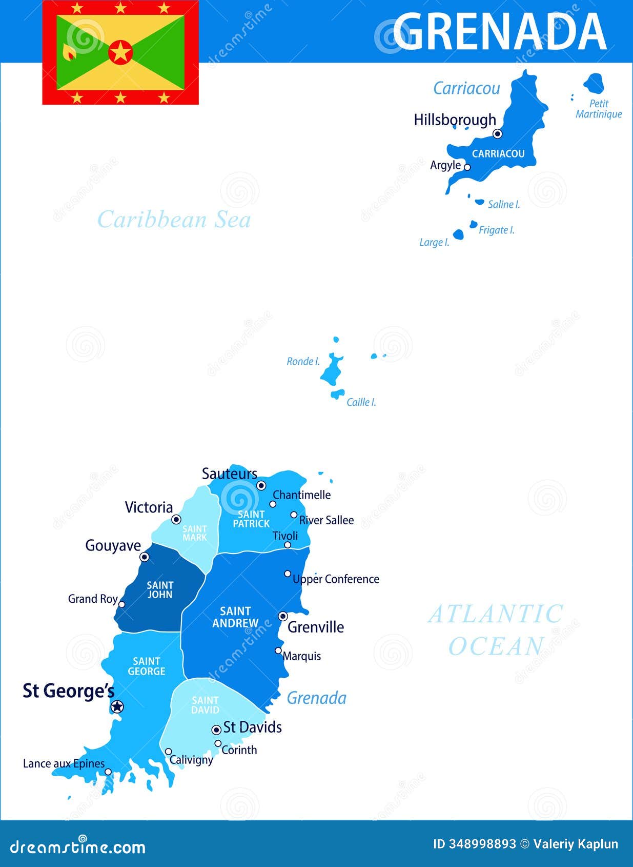 Grenada Map Vector Blue Spot - Customizable Layered Political Map of ...