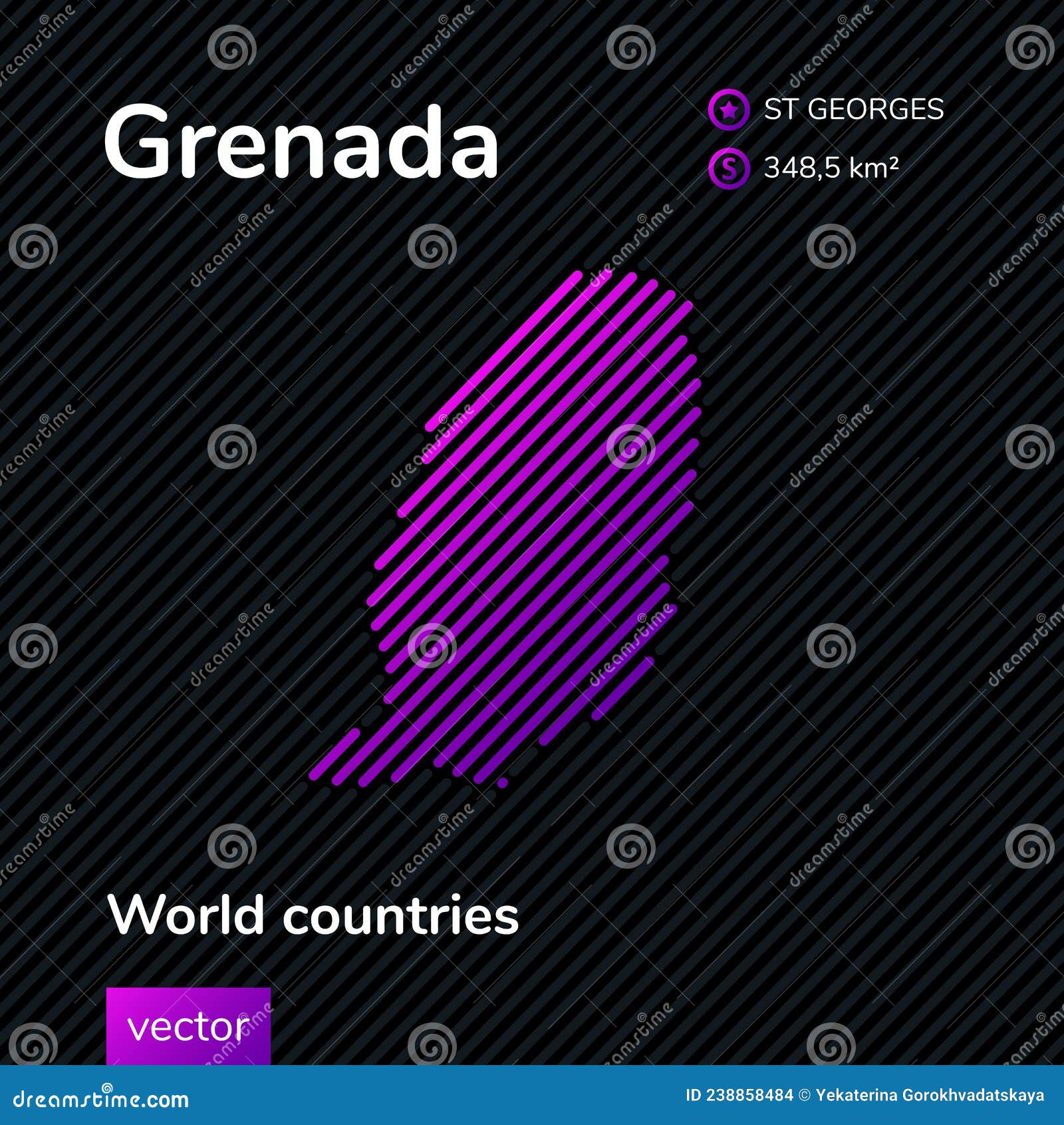 Grenada Vector Flat Map in Violet Trend Colors on Striped Black ...