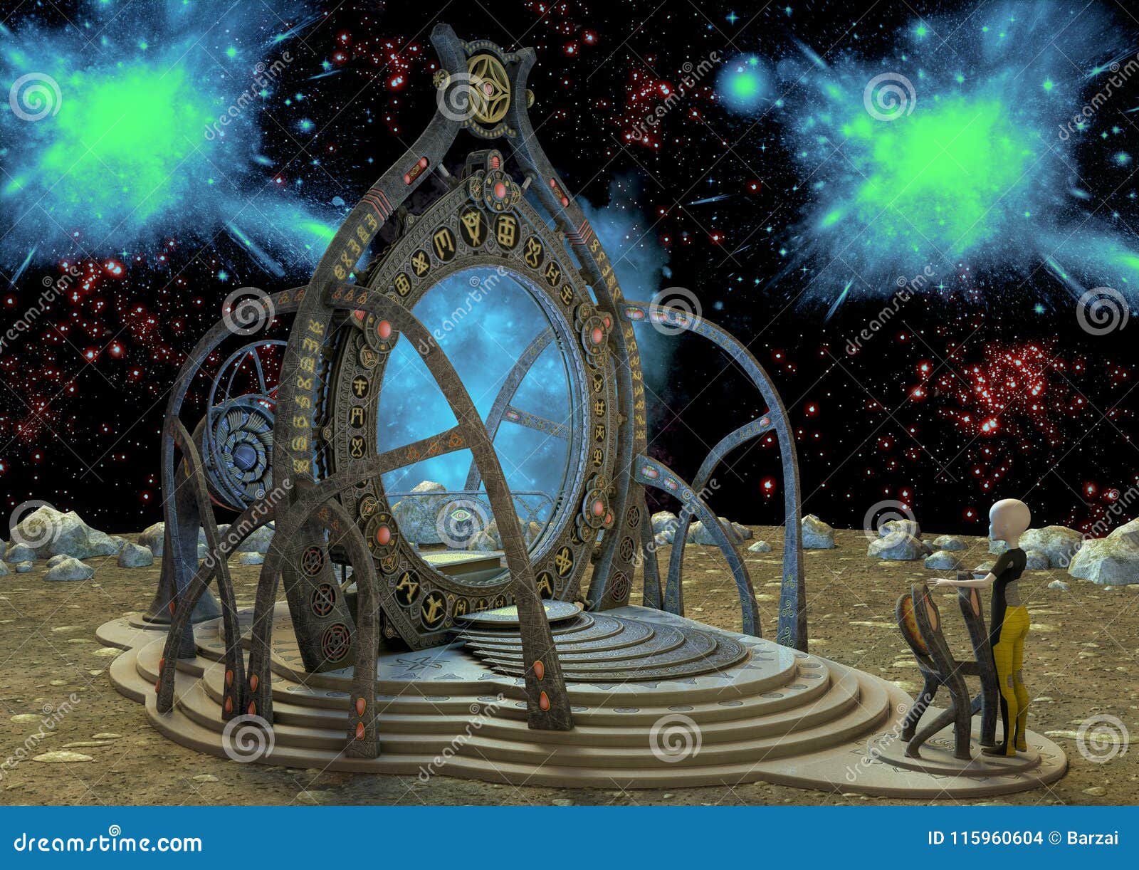 Grey Alien Working with a Space Portal. Stock Illustration ...