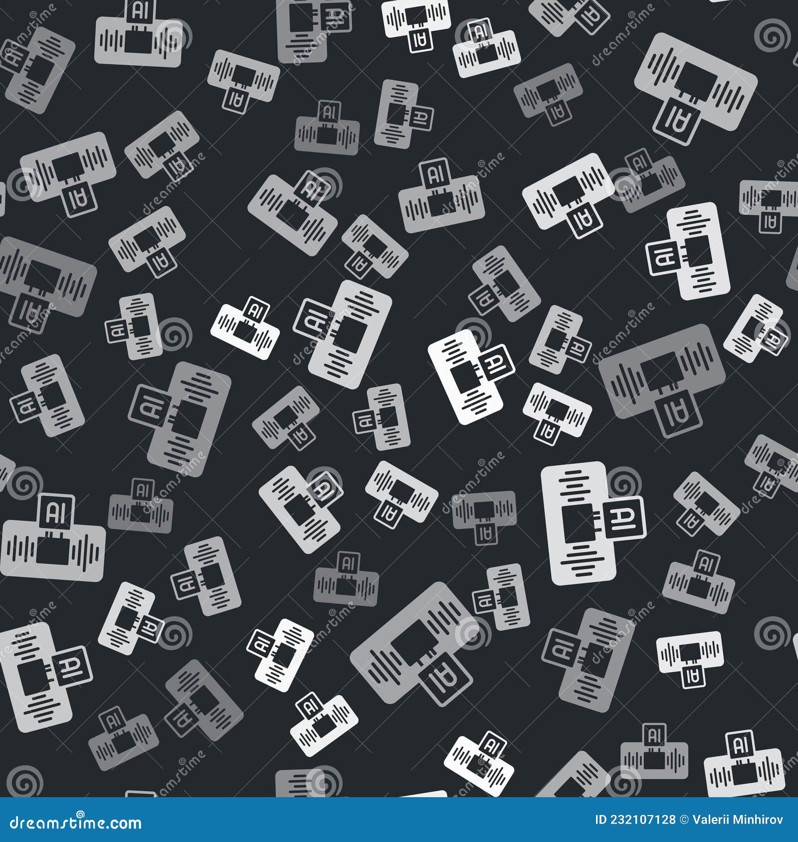 Grey Artificial Intelligence AI Icon Isolated Seamless Pattern on Black ...