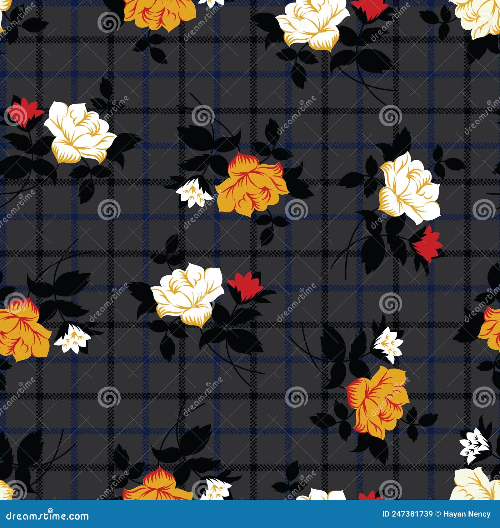 Flower and Check Seamless Pattern on Grey Background Stock Vector ...
