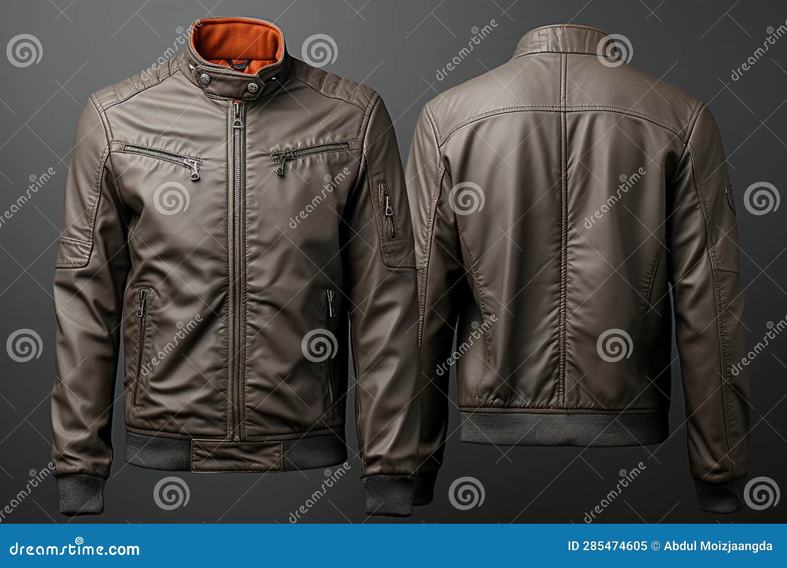 Grey Background, Front and Back View of Blank Leather Jacket Stock ...