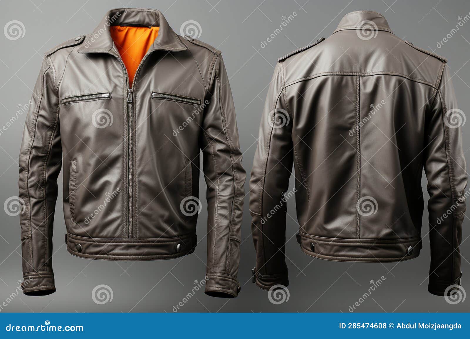 Grey Background, Front and Back View of Blank Leather Jacket Stock ...