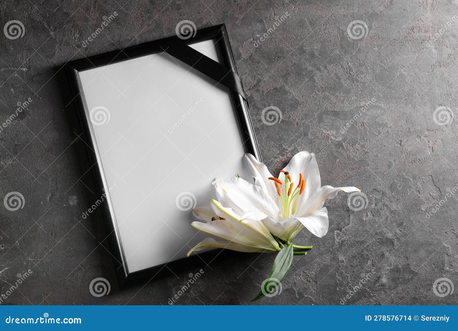 Blank Funeral Frame and Flowers on Grey Background Stock Photo - Image ...