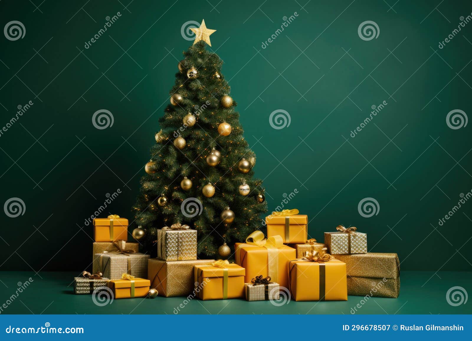 Grey Bench and Gift Boxes Under Christmas Tree Near Green Wall Stock ...
